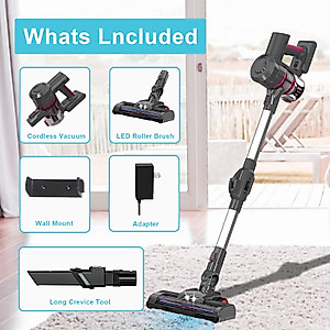 QTGPET Cordless Vacuum Cleaner, 25Kpa Strong Suction, 40 mins Runtime, 6-in-1 Vacuum Cleaner with Detachable 2200mAh Rechargeable Battery, Lightweight Stick Vacuum for Pet Hair