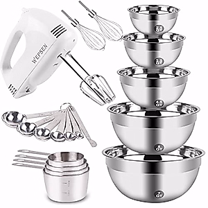Electric Hand Mixer Mixing Bowls Set, Upgrade 5-Speeds Handheld Mixers with 5 Nesting Stainless Steel Mixing Bowl, Measuring Cups and Spoons Whisk Blender Kitchen Cooking Baking Supplies For Beginner