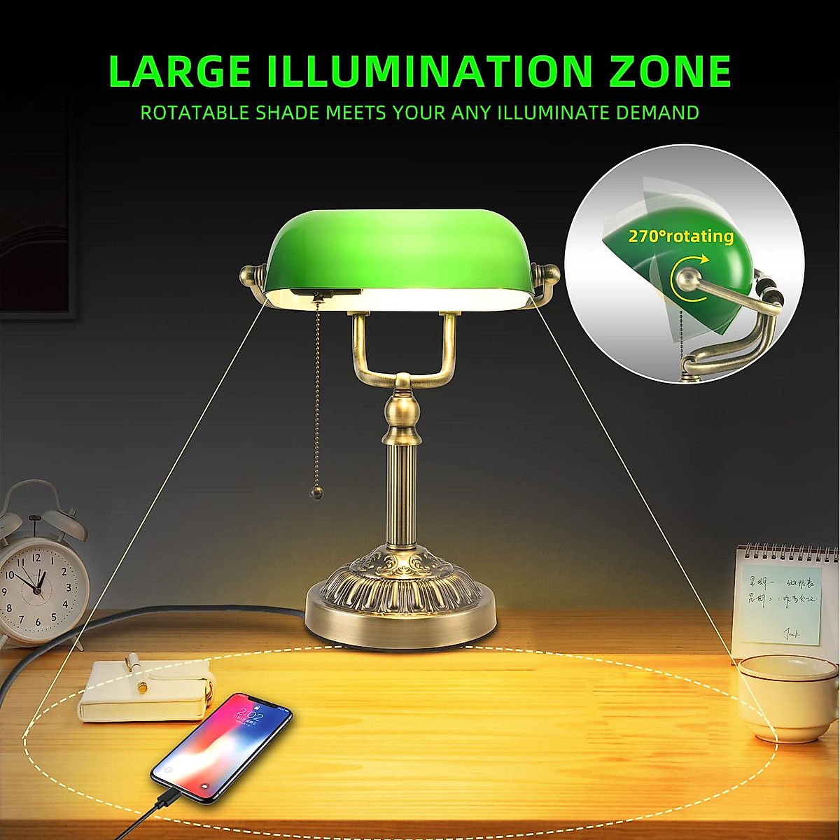 Rizzyluz Green Glass Bankers Desk Lamp, Vintage Desk Lamp with USB Charging Port, Traditional Farmhouse Table Lamp, Mid Century Desk Lamp Pull Chain for Home Office Library