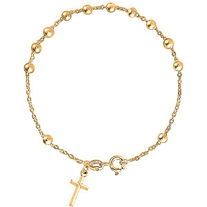 Savlano 925 Sterling Silver Italian Rosary Solid Bead Chain Cross Pendant - 18K Gold Plated 7 Inches Bracelet Comes With Gift Box for Women - Made in Italy (7, 5mm)