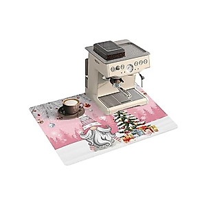 Coffee Mat for Counter, Christmas Gnome with Green Xmas Tree Pink Absorbent Hide Stain Coffee Bar Mat, Non-slip Coffee Bar Accessories Kitchen Drying Mat Fit Under Coffee Maker Espresso Machine
