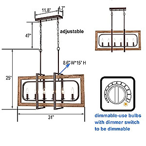 DEYNITE Farmhouse Wood Chandelier for Kitchen Island 6-Light Dining Room Pendant Light Fixtures in Rust & Brown Finish