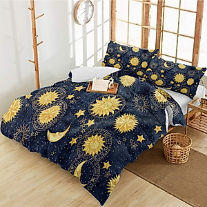 FarmBed Boho Yellow Sun Moon Flowers Stars 3-Piece Bedding Sets Luxury Soft Duvet Cover Queen,Microfiber Bet Comforter Protector with Pillow Shams for Women Men Teens,Bohemian Hippie Art