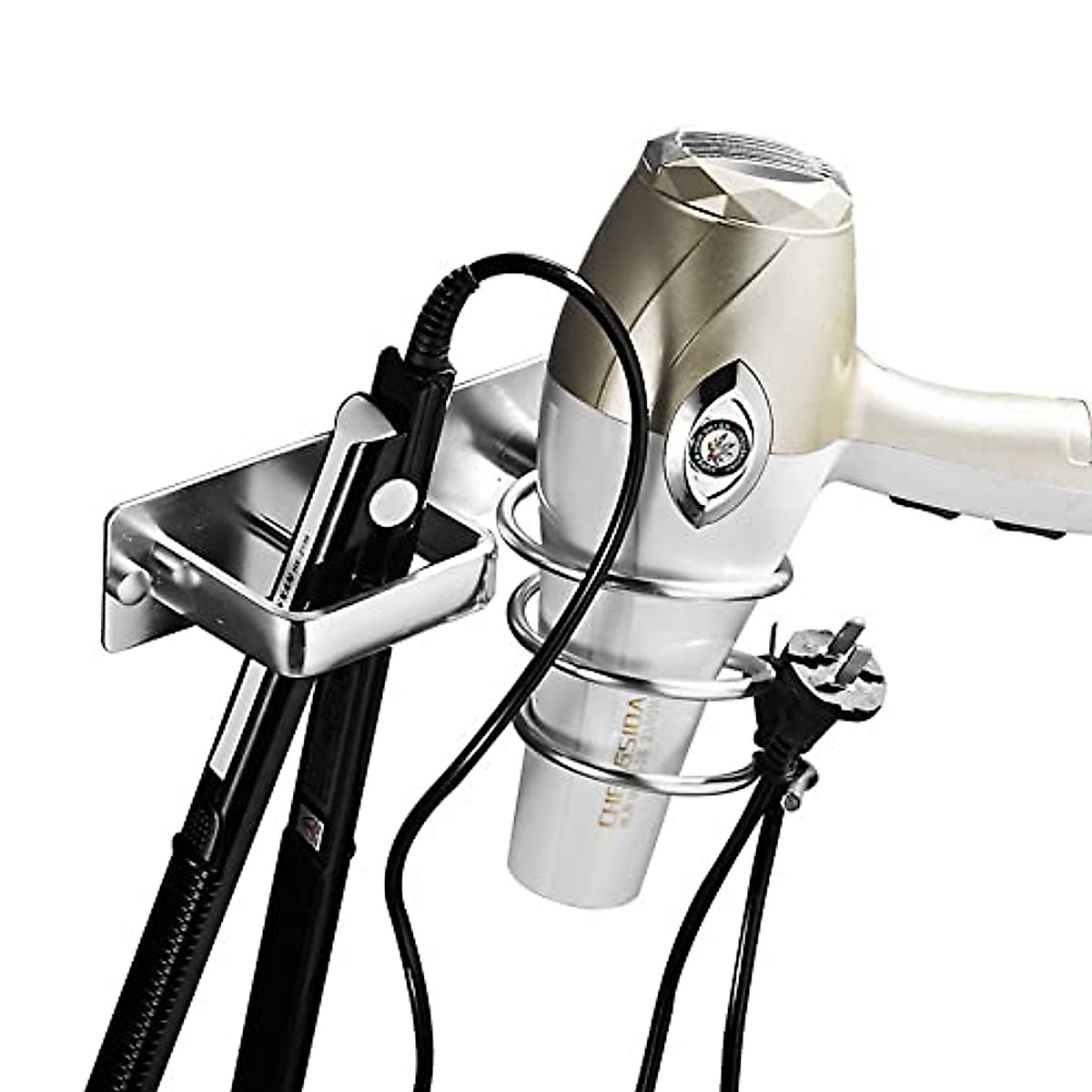 Hair Dryer Holder Wall Mount,Blow Dryer Organizer Wall Mounted Flat Irons,Curling Wands Save Space & Easy to Install Multi-Functional Hair Dryer Rack for Bedroom & Bathroom (Aluminum, siliver)