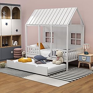 KOMFOTT Twin Size House Bed with Trundle, Wood Kid’s House Bed Frame with Roof, Windows, Fence Rails, Playhouse Bed Frame with Sturdy Bed Slats for Boys & Girls, No Box Spring Needed (White, Twin)