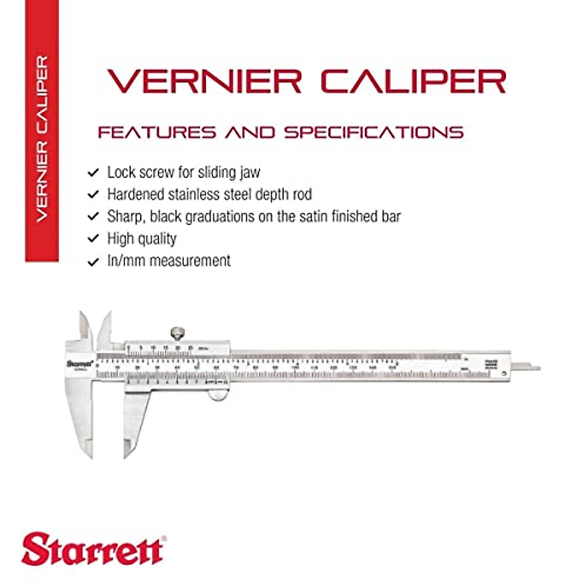 Starrett Vernier Caliper with Hardened Stainless Steel Depth Rod, Lock Screw and Sharp, Black Graduations - Metric, English, 0-6" Range, 001" Graduations - 125MEA-6/150