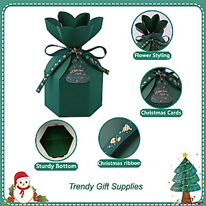 20pcs Christmas Gift Boxes Treat Cookie Favor Party Stacking Set with Lids Merry Christmas Goodie Paper Box Small Size Bow Bulk for Chirldren Mini Wrap Decorative Candy Holiday Santa Presents Giving (20 green Christmas+tag+ribbon+pins)