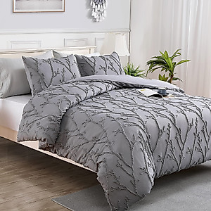 Queen Size Duvet Cover Set - 3-Piece Shabby Chic Branches Tufted Embroidery Duvet Cover Set for All Seasons, Grey, 90 x 90 Inch