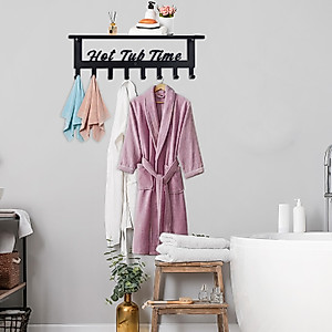 Hot Tub Towel Rack with Shelf - Metal Towel Rack Hanger for Hot Tub, 8 Curved Hooks, Wall Mounted, Hot Tub Accessories for Coats Robes Bathrobes in Bathrooom Hotel, Hot Spring, Pool, Home Spa (Black)