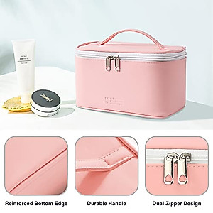 Makeup Bag Portable Travel Cosmetic Bag for Women, Beauty Zipper Makeup Organizer PU Leather Washable Waterproof (Pink)