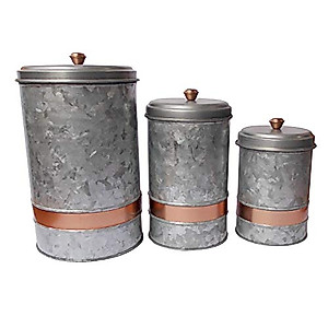 Benjara, Gray Galvanized Metal Lidded Canister with Copper Band, Set of Three, 3 Count