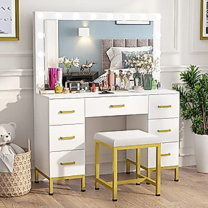 PAKASEPT Vanity Set with Lighted Mirror, Makeup Vanity Dressing Table with 14PCS LED Bulbs, Cushioned Stool & 7 Drawers, Large 44" White Vanity for Bedroom, Powder Room