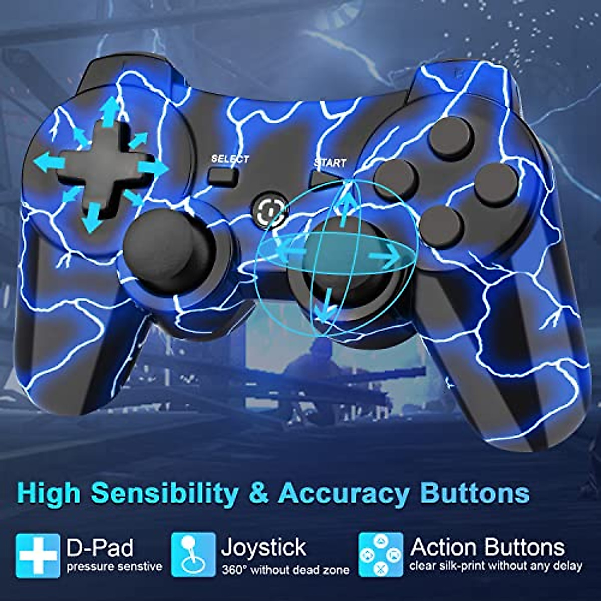 Blue Wireless Remote Works for PS3 Controller, OUBNAG Gamepad for PS3 Controllers Compatible with Playstation 3 Controller, Cool Lightning Pa3 Controller Gift for Kids Boy Girl Man Lightning Blue