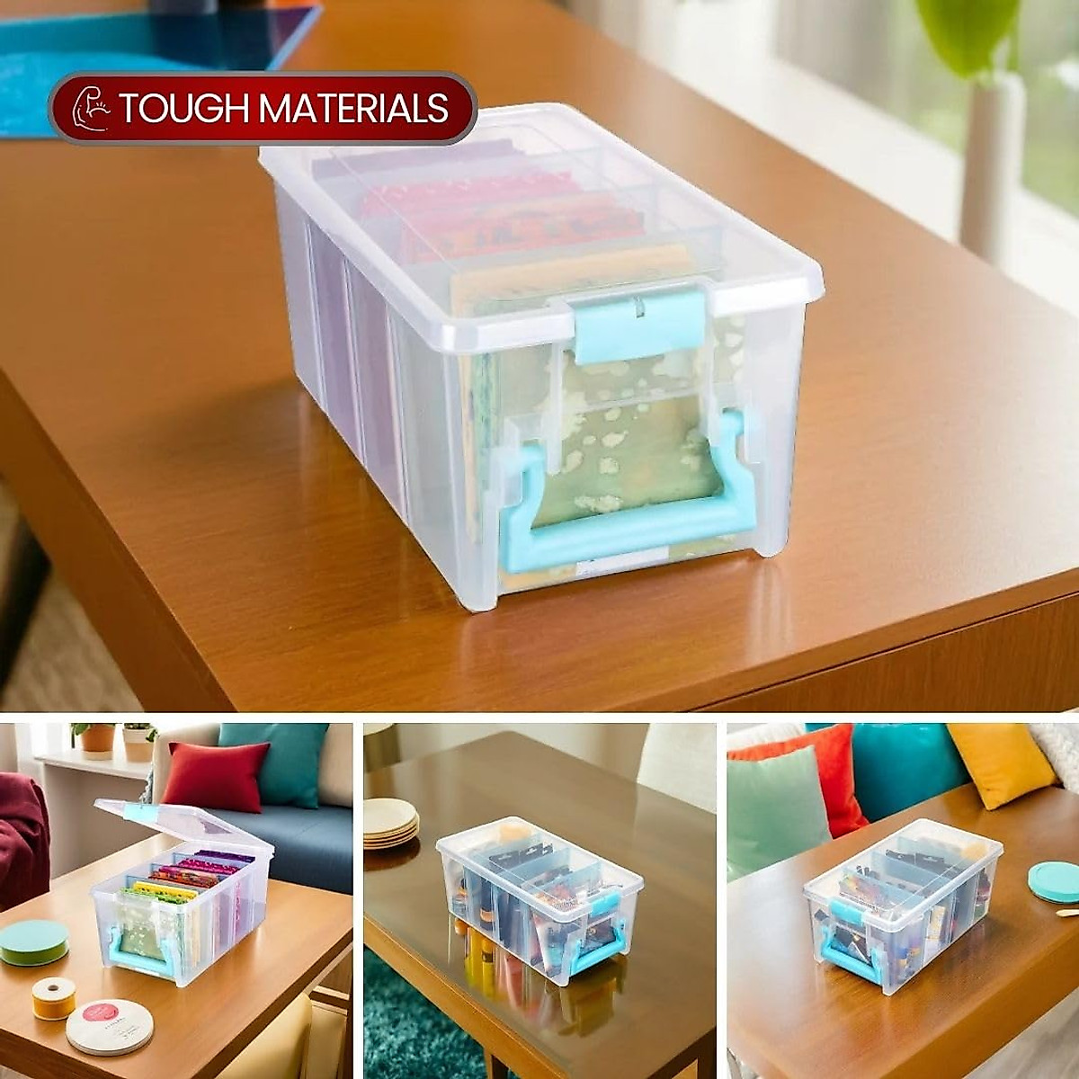 saizone 6925AA Semi Satchel with Removable Dividers, Portable Art & Craft Organizer with Handle, [1] Plastic Storage Case, Clear with Aqua Accents