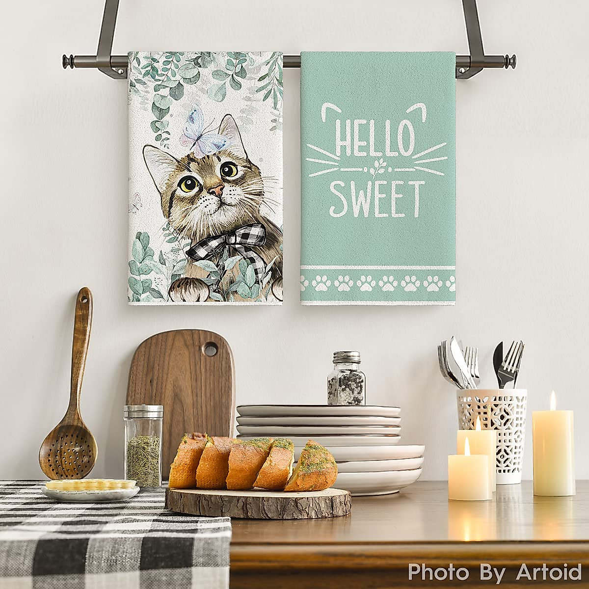 Artoid Mode Eucalyptus Leaves Cat Hello Sweet Kitchen Towels Dish Towels, 18x26 Inch Buffalo Plaid Bow Tie Holiday Decoration Hand Towels Set of 2