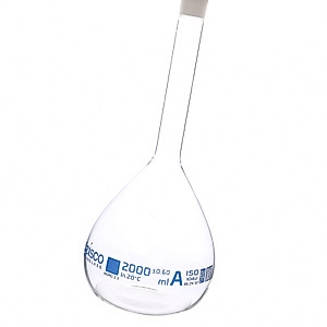 Eisco Volumetric Flask, 2000mL - Class A - Borosilicate Glass, Polyethylene Stopper, 29/32 Socket - QR Code Marking for Calibration Certificate