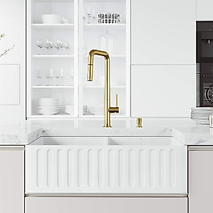 VIGO Parsons 18'' H Single Handle Pull-Down Sprayer Kitchen Faucet Set with Soap Dispenser in Matte Brushed Gold-VG02031MGK2