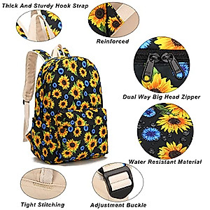 Pawsky School Backpack for Teen Girls, Water Resistant Laptop Backpack Womens Bookbag with Lunch Bag and Pencil Case, Sunflower