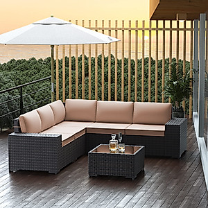 RTDTD Outdoor Patio Furniture Set, 6 Pieces Outdoor Furniture All Weather Patio Sectional Sofa PE Wicker Modular Conversation Sets with Coffee Table,5 Chairs & Seat Clips(Brown)