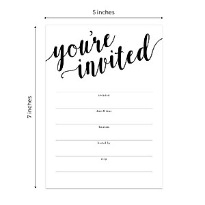 Canopy Street Black And White All Occasion Script Invitations / 25 Fill In General Use Invites / 5" x 7" Flat Modern Shower Party Or Event Invitation/Made In The USA