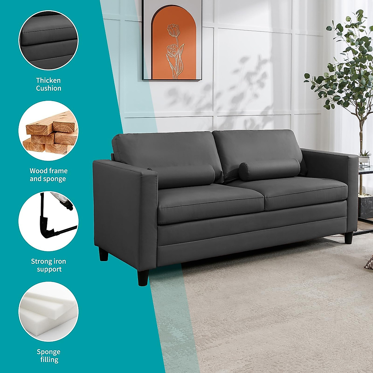 BALUS Faux Leather Pull Out Sofa Bed, 2-in-1 Queen Size Couch Bed with Fold Out Mattress, Modern Convertible Sleeper Sofa Couch, Leather Loveseat Futon Couches for Living Room-Dark Grey