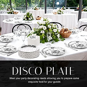 Tanlade 200 Pieces Disco Party Supplies Tableware Set Disco Ball Dinner Plates Napkins Forks for 70s 80s 90s Disco Birthday Rock Roll Dance Music Party 50 Guests (Silver)