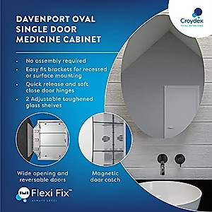 Croydex Davenport Oval, Recessed or Surface Mount, Hang 'n' Lock Easy Installation Medicine Cabinet, 21W x 31H, Aluminum
