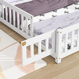 Harper & Bright Designs Kids Full Floor Bed with Rails & House-Shaped Headboard, Wooden Full Montessori Floor Bed Frame, Full Playhouse Bed for Kids Teens Girls Boys (White)