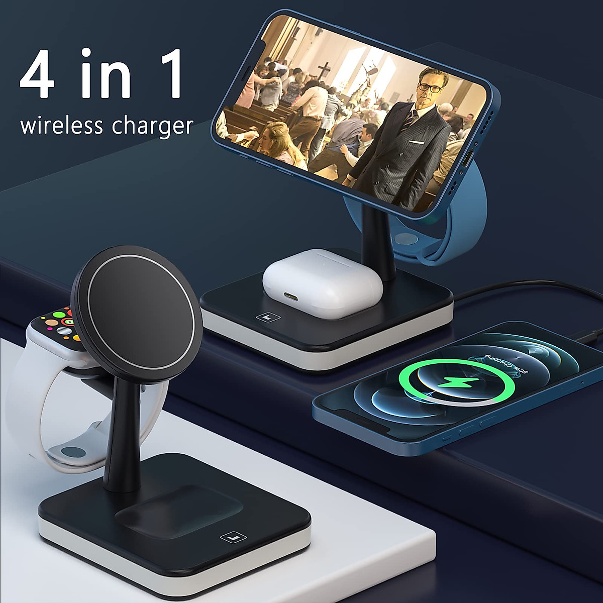 Magnetic Wireless Charging Station, 15W Fast Wireless Charger 4 in 1 MagSafe Charger Stand for iPhone 13/12/Pro/Pro Max/Mini, iWatch and Airpods 3/2/Pro with Night Light (18W QC3.0 Adapter Included)