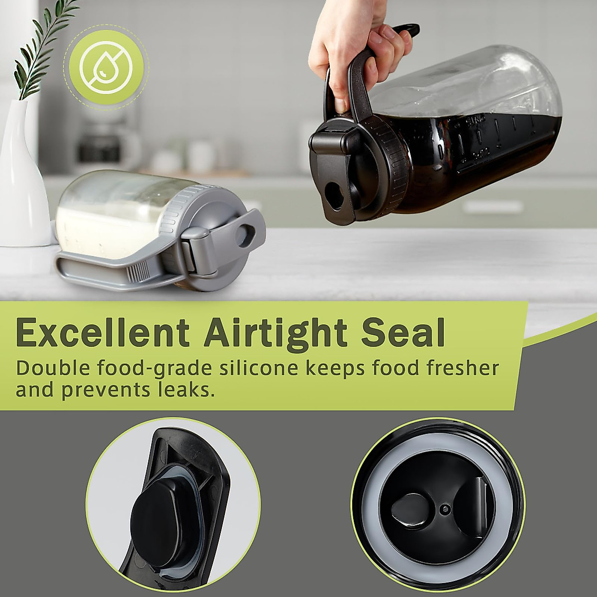 Mason Jar with Pour Spout Lid V-shaped, 64 oz Iced Tea Pitcher with Lids Double Leak Proof, 2 Quart Drink Pitcher for Breastmilk, Sun Tea, Juice, Coffee Creamer, Juice Containers