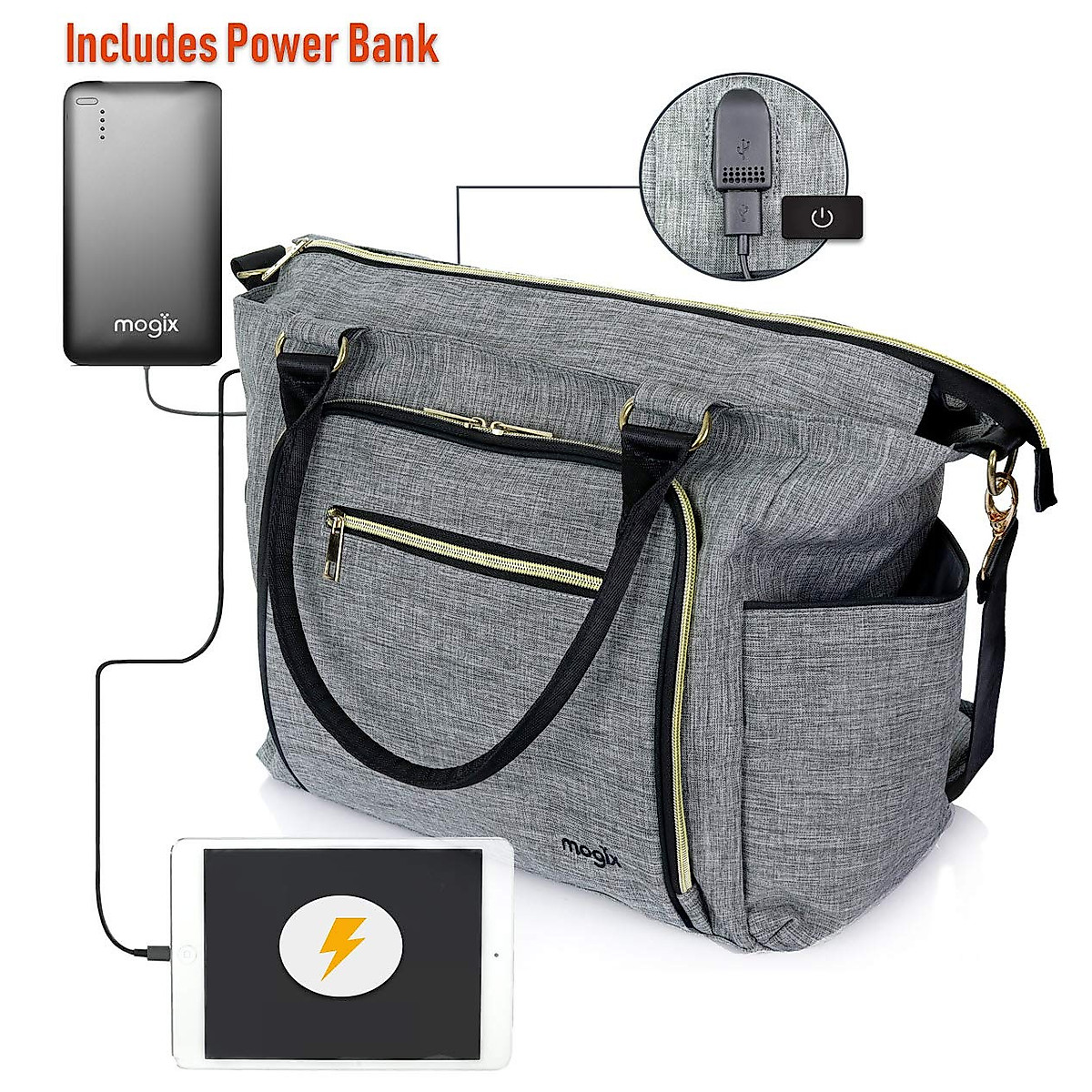 Mogix SMART Baby Diaper Bag with Portable Phone Charger, Changing Pad, Wet Dry Bag, Stackable Snack Container and Power Pack