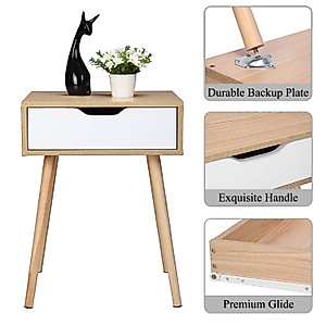 Bonnlo White & Nature Wood Nightstand End Side Table with Drawer & Solid Wood Legs for Living Room, Bedroom, Small End Side Table Bed Side Tables/Night Stands for Small Spaces, 18.2x15.7x24.4in