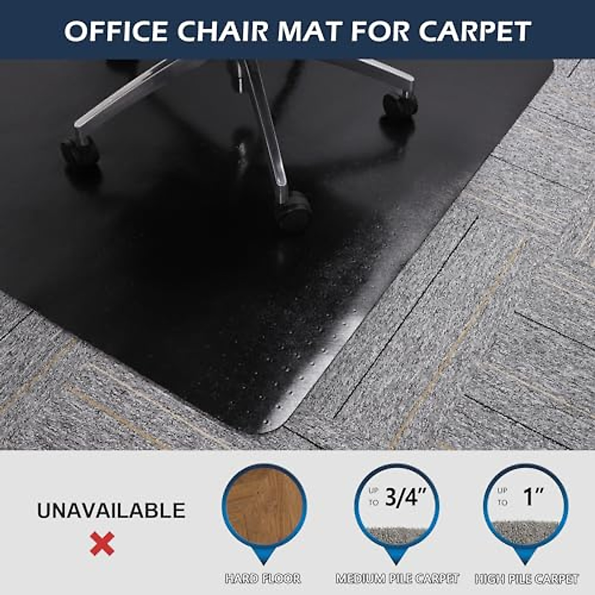 Chair Mat for Carpet, SALLOUS 60" x 46" Office Chair Mat for Carpeted Floors, Heavy Duty Chair Mat with Grips, Floor Protector Rolling Computer Desk Mat for Home Office (Black, Rectangular)