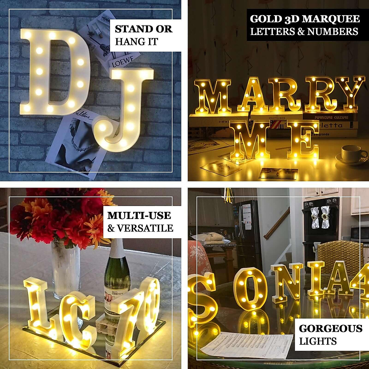 Efavormart 6" 3D Gold Marquee Letters 5 LED Light Up Letters Warm White LED Letter Lights - E