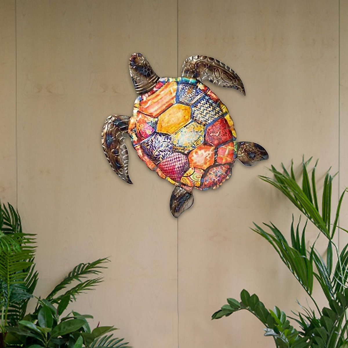 Metal Wall Art Sea Turtle Indoor Outdoor Tropical Wall Sculpture Decor Metal Beach Turtle Art (14 in x 14 in)