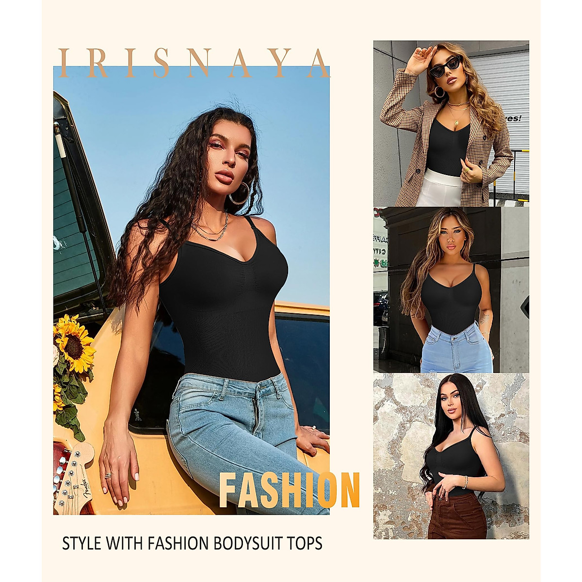 Irisnaya Women Slimming Bodysuits Shapewear Tops Tummy Control Body Shaper Spaghetti Strap Camisole Leotards Bodycon Jumpsuit (Black Mid Thigh, X-Small/Small)