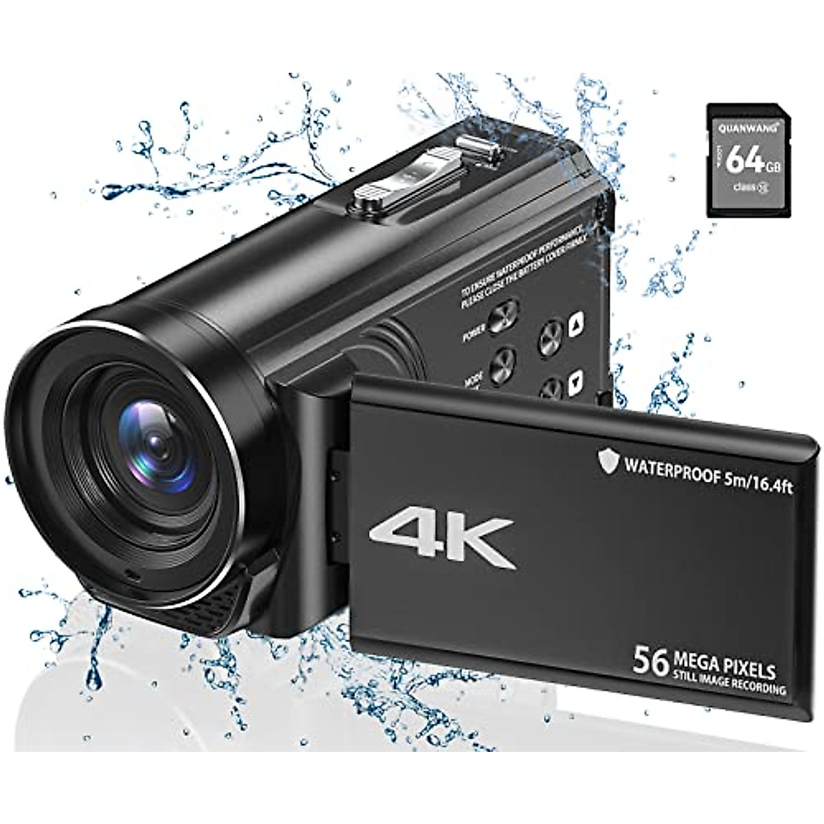 Video Camera Camcorder Waterproof Camera 4K Ultra HD 56MP 30FPS 18X Digital Zoom Underwater Camera Vlogging Camera For Youtube, 16.4Ft Waterproof Video Camera with 3500mAh Battery, 64G SD Card