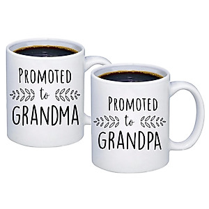 Pregnancy Announcement For Grandparents Coffee Mugs - Grandma To Be & Grandpa to Be 11 oz Mugs - Great Pregnancy Reveal Idea For Baby Announcement - Mug Set - Promoted to Grandma & Grandpa