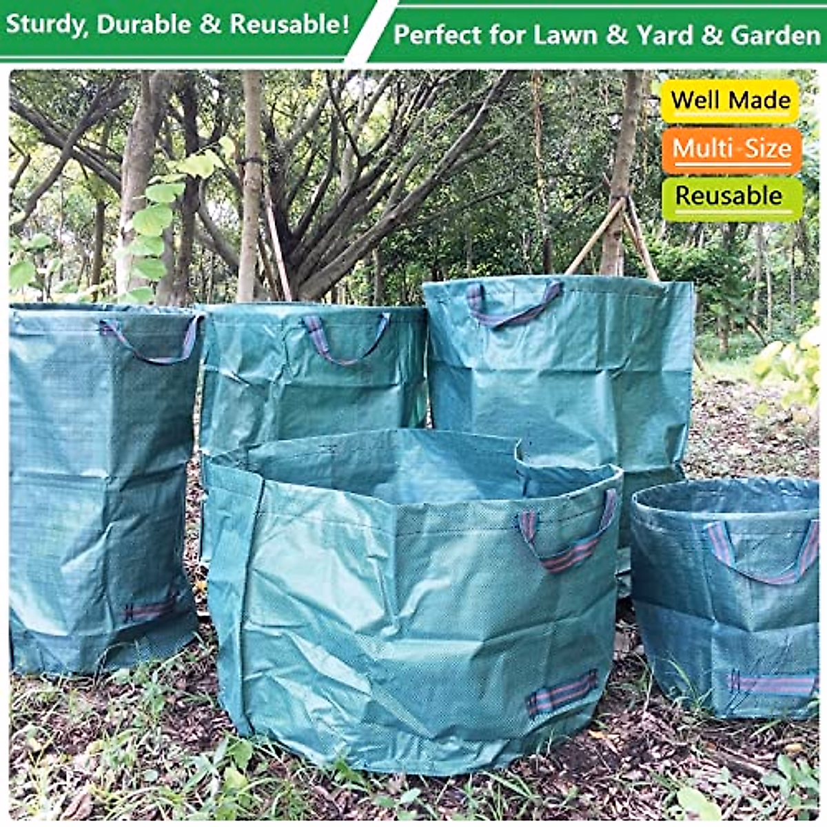 Professional 2-Pack 137 Gallon Lawn Garden Bags (D34, H34 inches) Yard Waste Bags with Coated Gloves - Large Reusable Yard Leaf Bags 4 Handles,Gardening Clippings Bags,Leaf Container,Trash Bags