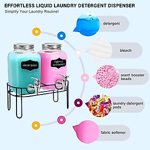 2-Pack 1 Gallon Glass Laundry Detergent Dispenser Set with Bamboo Lids and Stand - Liquid Soap and Fabric Softener Dispensers with Spigots, Cups, Labels and Mats, Laundry Room Organization and Storage