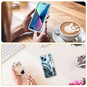 Esdot for iPhone 13 Mini Case with Built-in Screen Protector,Military Grade Rugged Cover with Fashionable Designs for Women Girls,Protective Phone Case 5.4" Opal Marble Teal