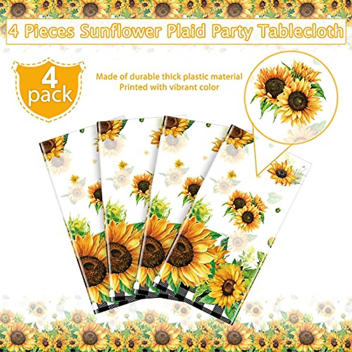 4Pcs Sunflower Buffalo Plaid Checkered Tablecloths,Plastic Sunflower Floral Table Cloth Spring Summer Vinyl Table Cover for Indoor Outdoor Birthday Bridal Baby Shower Party Decorations,54 x 108 Inch