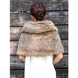 Aukmla Women's Brown Faux Fur Shawl Wedding Fur Wraps and Shawls Bridal Fur Stoles Scarf with Rhinestones Brooch for Bride and Bridesmaids (A-Brown, US 4-14 (S-M))