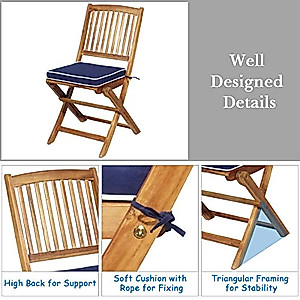 Tangkula 3 PCS Patio Folding Bistro Set, Outdoor Acacia Wood Chair and Table Set w/Padded Cushion& Round Coffee Table, Ideal for Indoor Patio Poolside Garden (Navy Blue)