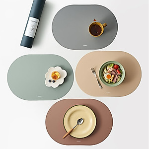 Placemats, Silicone Placemats, Set of 4, Non-Slip, Oil Proof, Water Proof, Heat Resistant, Stain Resistant, Easy to Clean, Leather Texture Finish, Oval (Matt Combo)