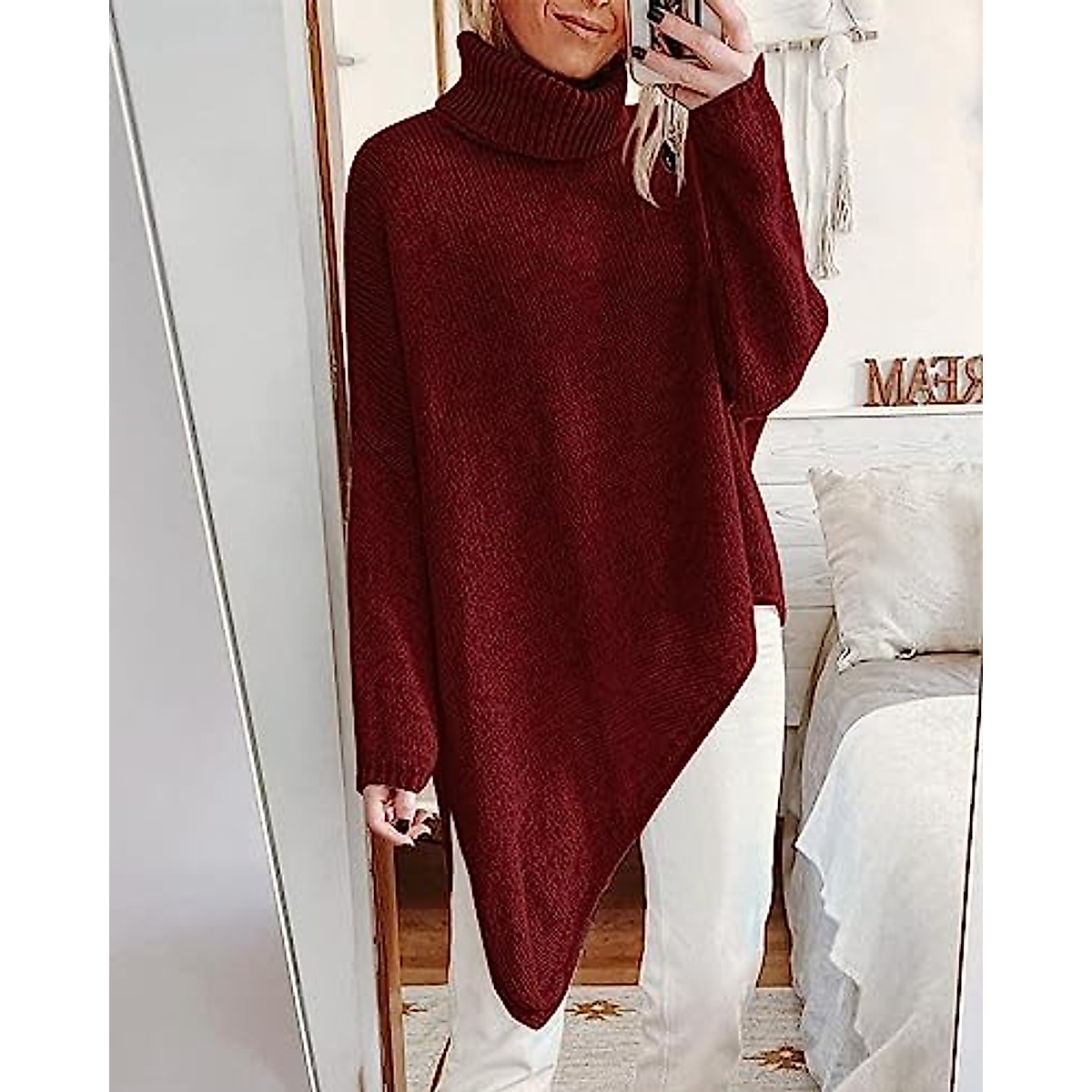BTFBM Women Long Sleeve Turtleneck Knit Sweater Oversized Fall Winter Sweaters Casual Pullover Jumper Tops(Solid Wine Red, Large)
