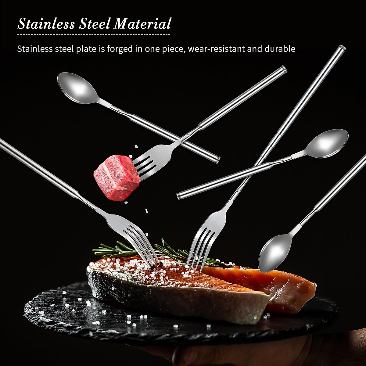 Geetery 2 Pcs Telescopic Spoon Fork Set Extendable Fork Spoon Stainless Steel Dinner Fork Extends to 25 Inch Anti Rust Fruit Dessert Long Handle Fork Spoon Cutlery Set for Barbecue Toasting Dinner