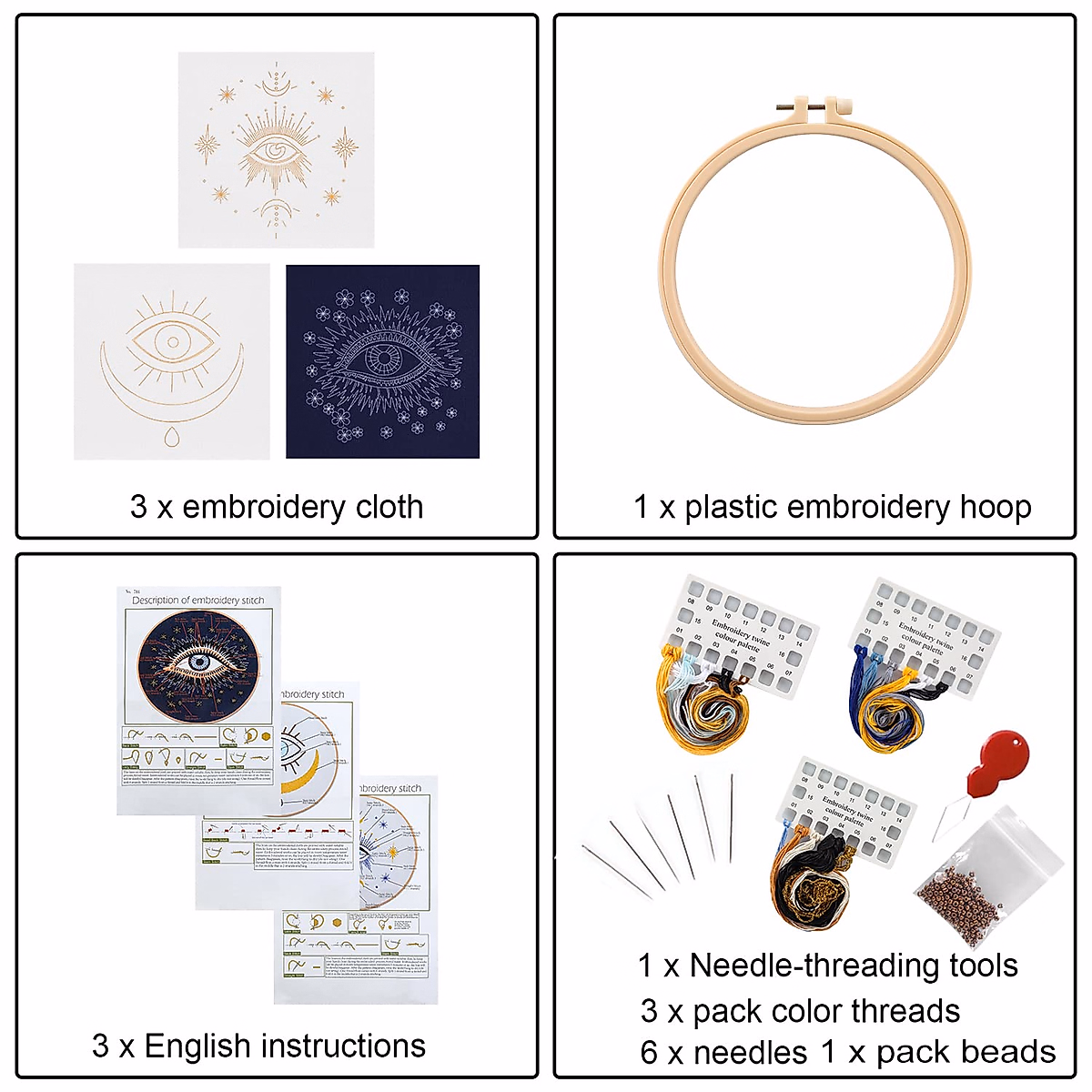 Anidaroel 3 Sets Evil Eye Embroidery Starters Kit for Beginners, Stamped Cross Stitch Kits for Beginners Adults Include Embroidery Cloth, Embroidery Hoops, Threads and Needles