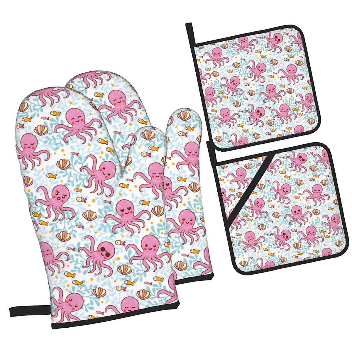 Cute Octopus Oven Mitts and Pot Holders Sets of 4 Heat Resistant Cooking Gloves and Potholders Non-Slip Kitchen Mittens Hot Pads with Hanging Loop for Kitchen Baking BBQ Grilling Picnic
