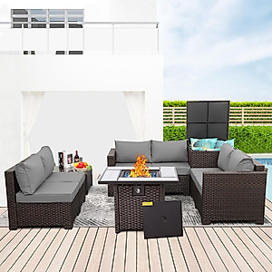 WAROOM 7 Pieces Patio Furniture Set PE Wicker Outdoor Brown Rattan Sectional Sofa Loveseat Couch Conversation Sets with Storage Bin Coffee Table and Propane Fire Pit, Anti-Slip Grey Cushion